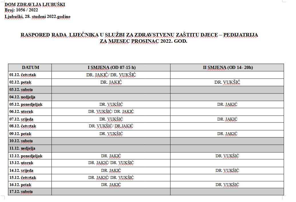 Ljubuški: Raspored rada liječnika za mjesec prosinac - Ljubuški na dlanu